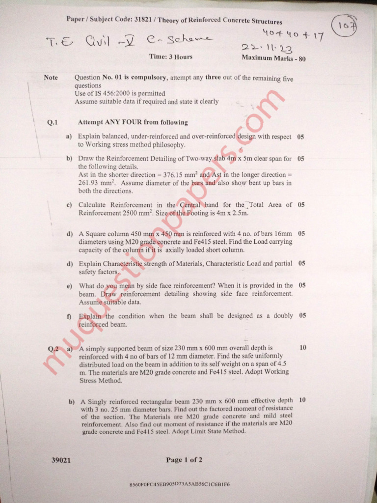 Be - Civil Engineering - Semester 5 - 2023 - December - Theory of Reinforced Concrete Structures ...