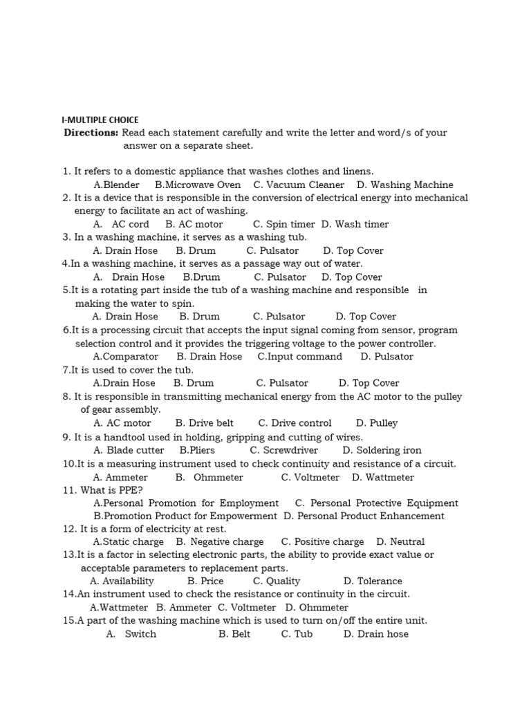 1SUMMATIVE TESTodp | PDF | Washing Machine | Alternating Current