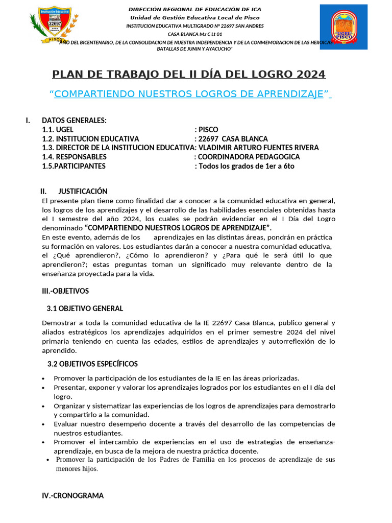 Plan Día del Logro 2024 IE 22697 | PDF | Enseñando | Maestros