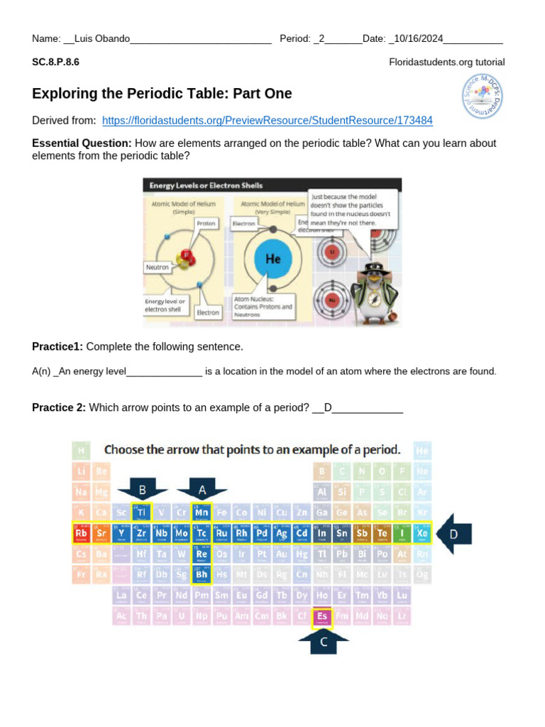 Floridastudents - SC.8.P.8.6 Exploring The Periodic Table Part 1 | PDF ...