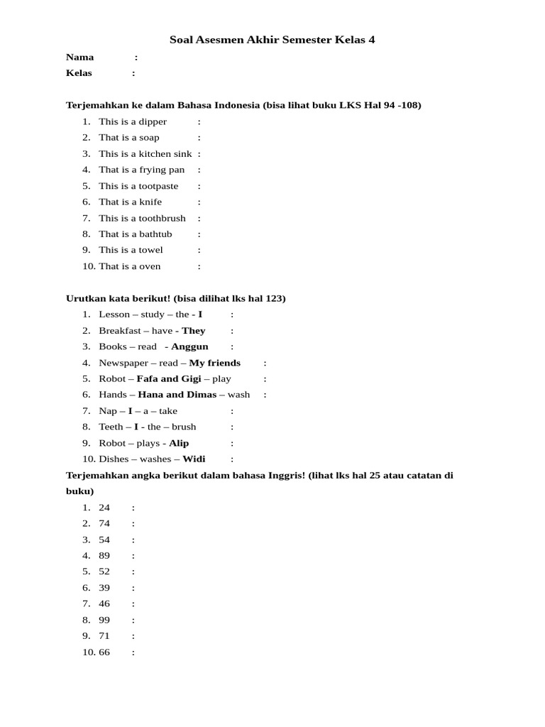 Soal Asesmen Akhir Semester Kelas 4 | PDF