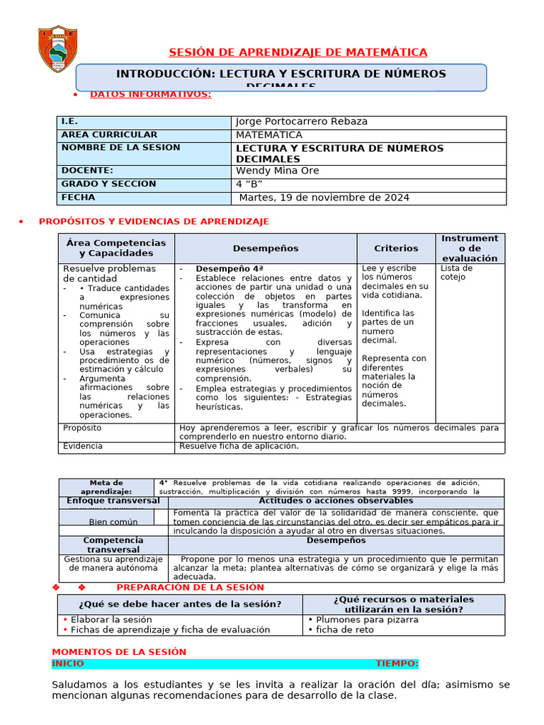 Introducción Números Decimales | PDF | Aprendizaje | Evaluación