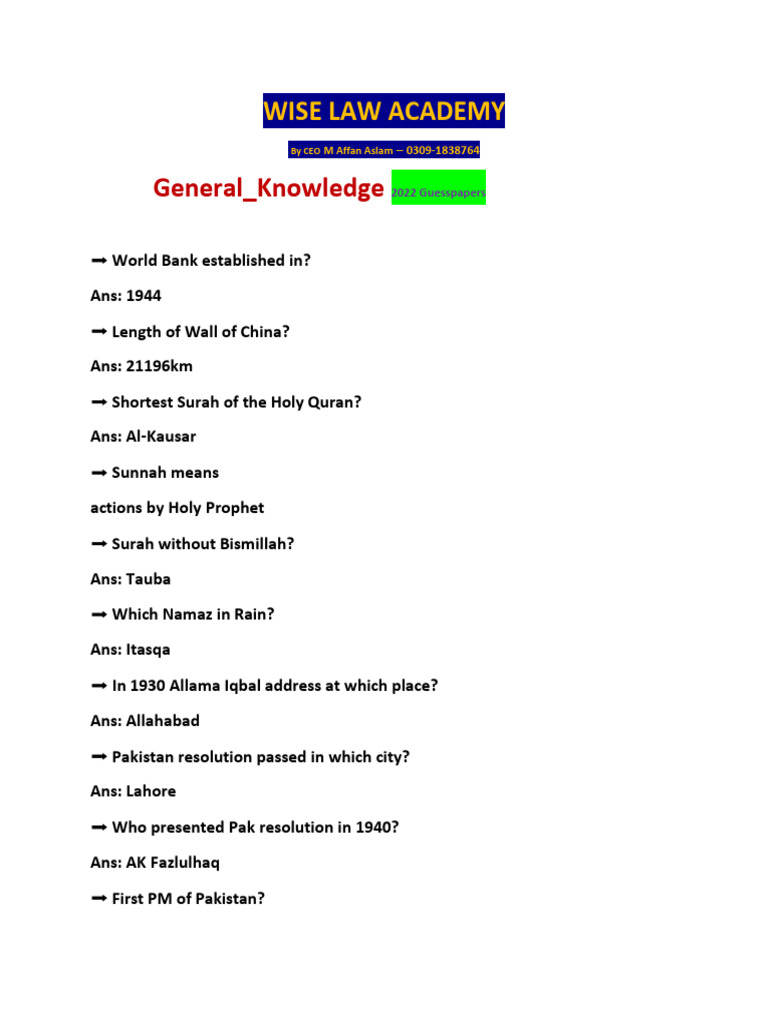 Wise Law Academy - G.K 2022 Lat | PDF | Travel