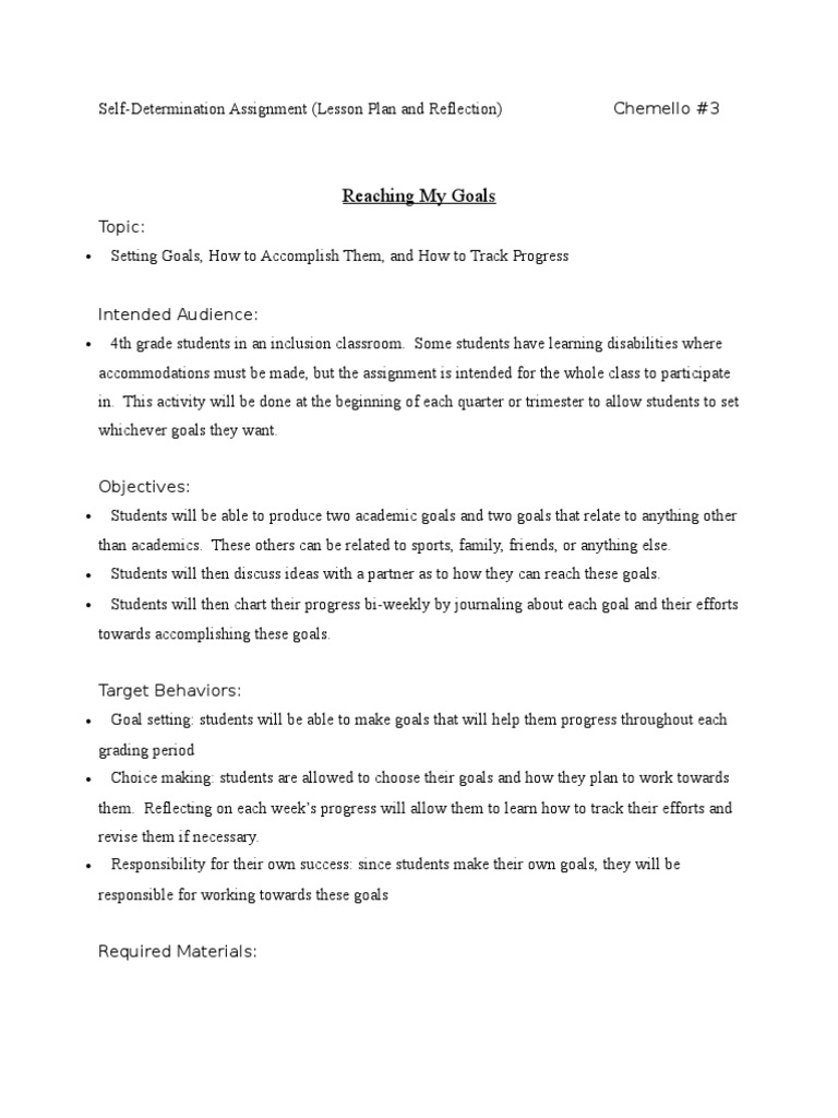 Self Determination Lesson Plan and Reflection | PDF | Lesson Plan ...