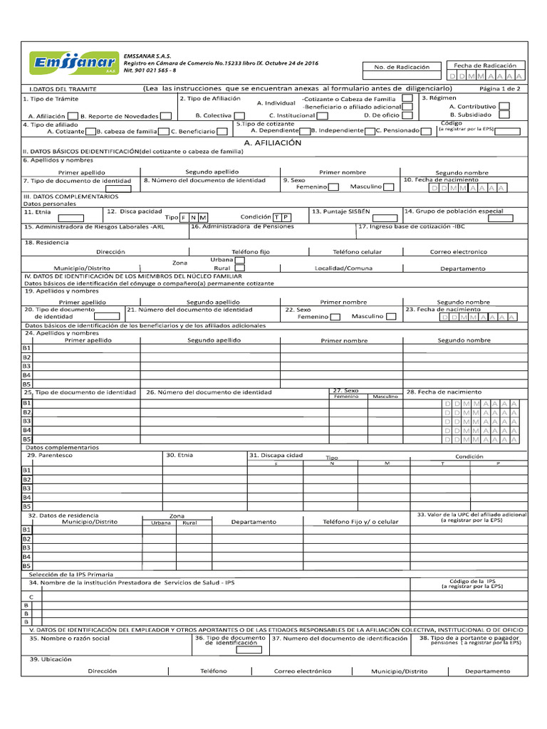 Formulario Único de Afiliaciones y Registro Novedades | PDF