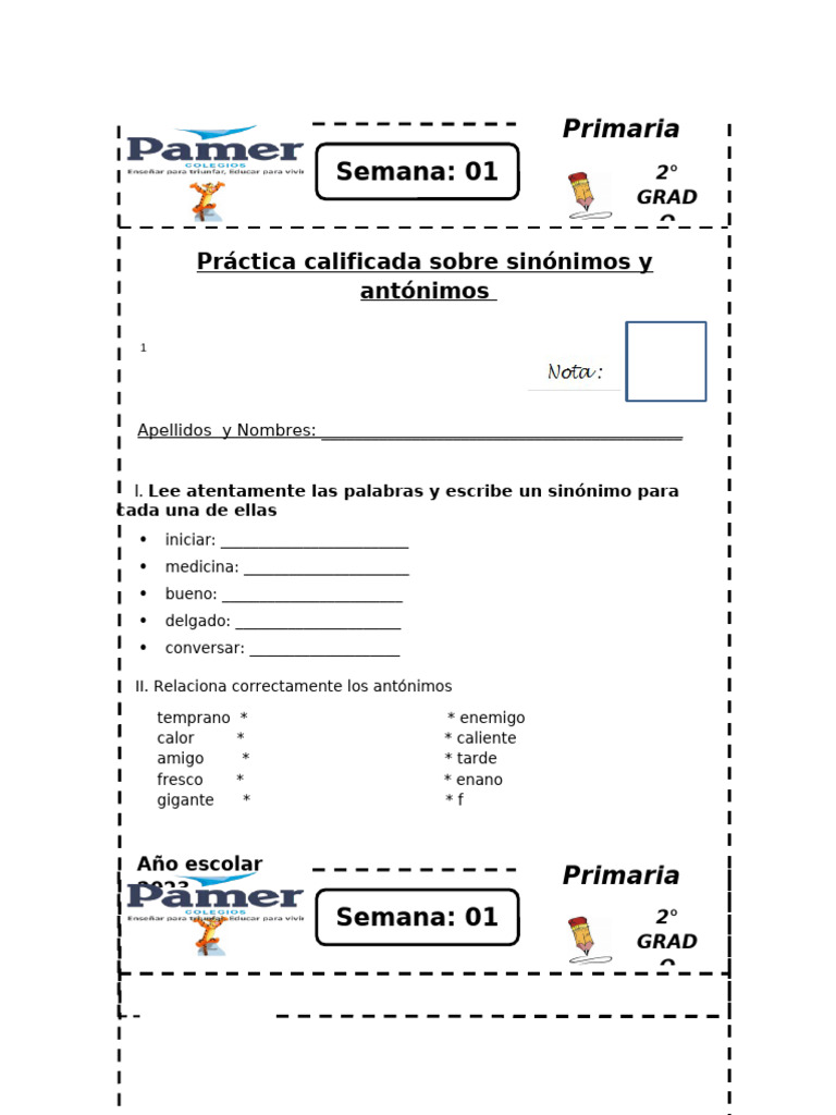 Práctica Calificada de Sinónimos y Antónimos para Segundo Grado de ...