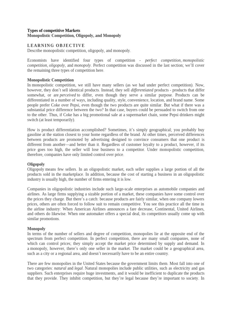 Types of Competitive Market Structures | PDF | Monopoly | Perfect ...