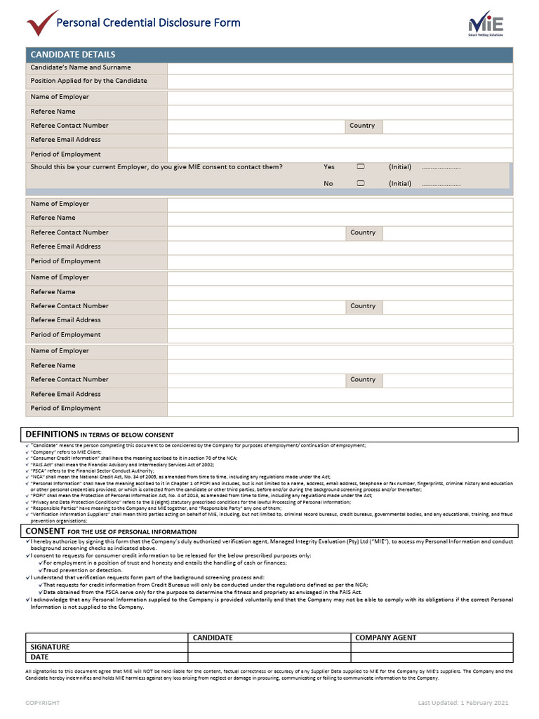 MIE Personal Credential Disclosure Form | PDF | Information | Criminal ...