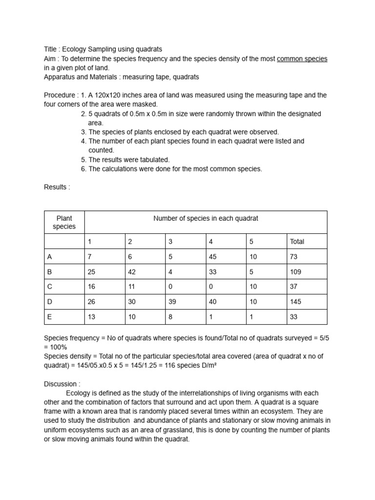 Quadrat Sampling for Plant Ecology Analysis | PDF | Aquatic Ecosystem ...