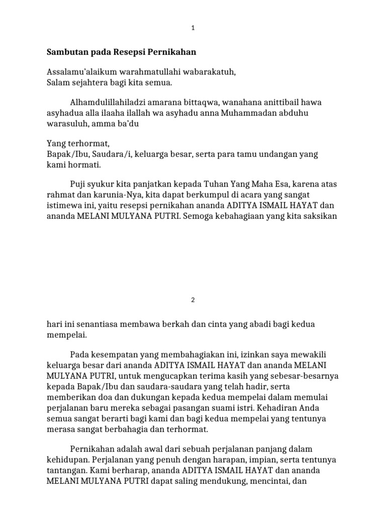 Sambutan Pada Resepsi Pernikahan MELANI | PDF