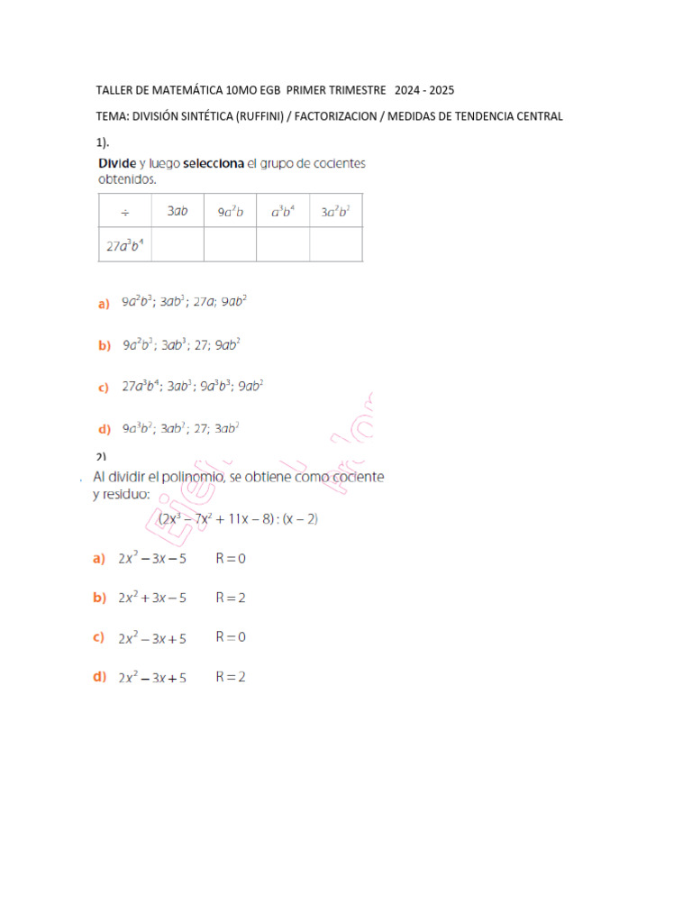 Matemáticas 10mo EGB: Taller Trimestral | PDF