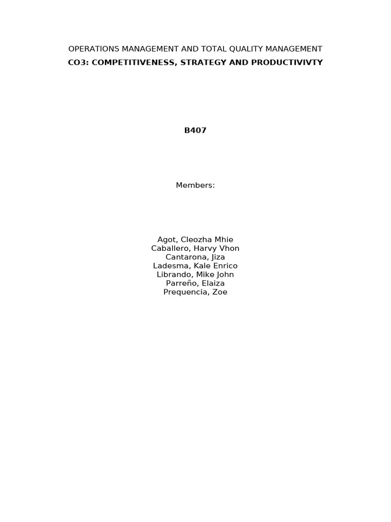 Co3: Competitiveness, Strategy and Productivivty: Operations Management and Total Quality ...