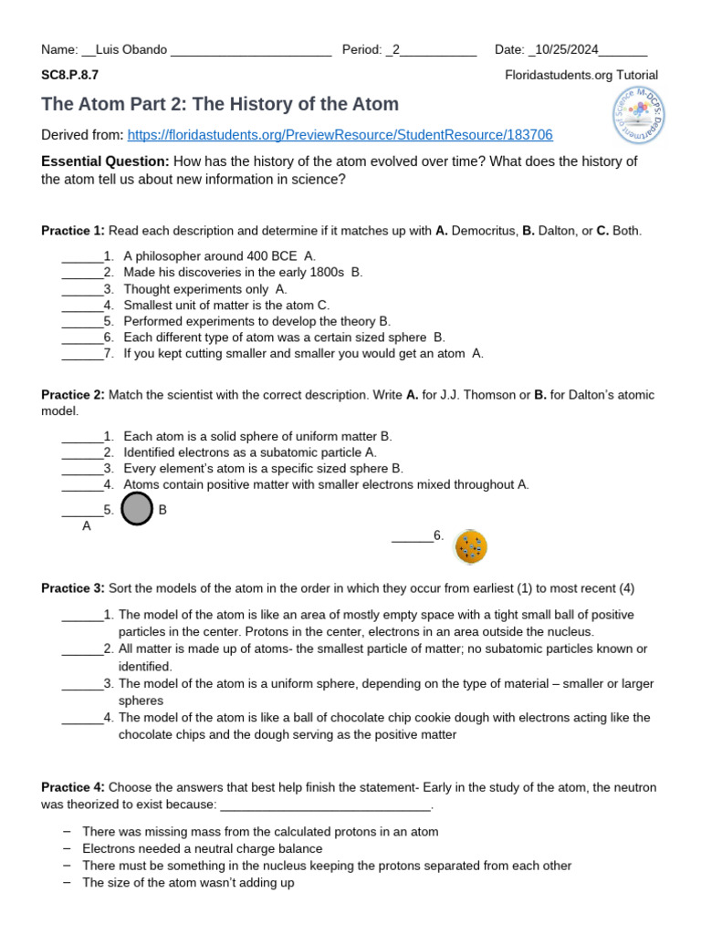 Floridastudents - SC.8.P.8.7 2 The Atom Part 2 The History of The Atom ...