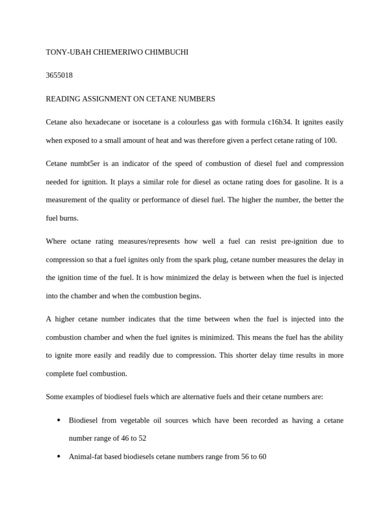 Cetane Numbers Assignment | PDF