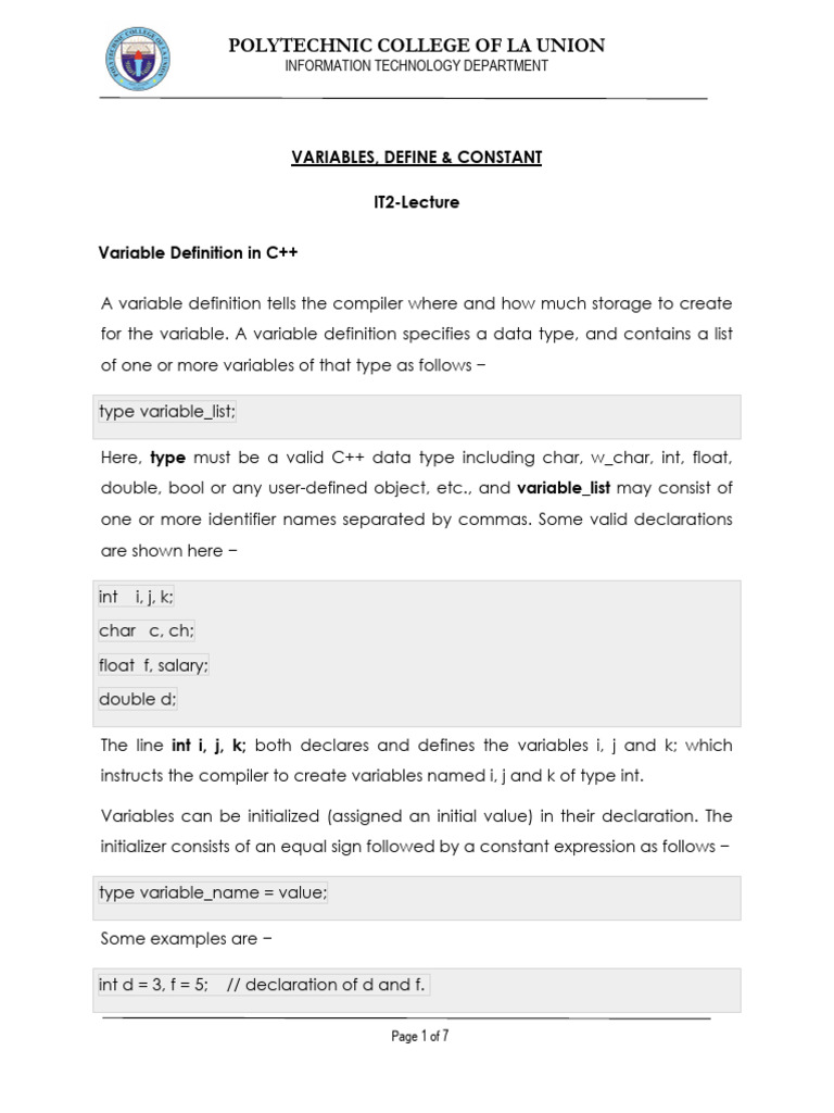 Lec 7 Variable Define Constant Pdf Variable Computer Science Integer Computer Science