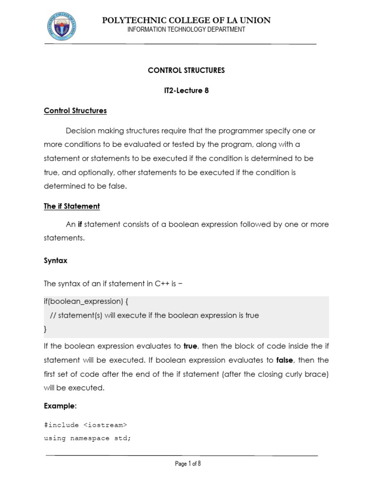 Lec 8 Control Structures Pdf Namespace Boolean Data Type 7904