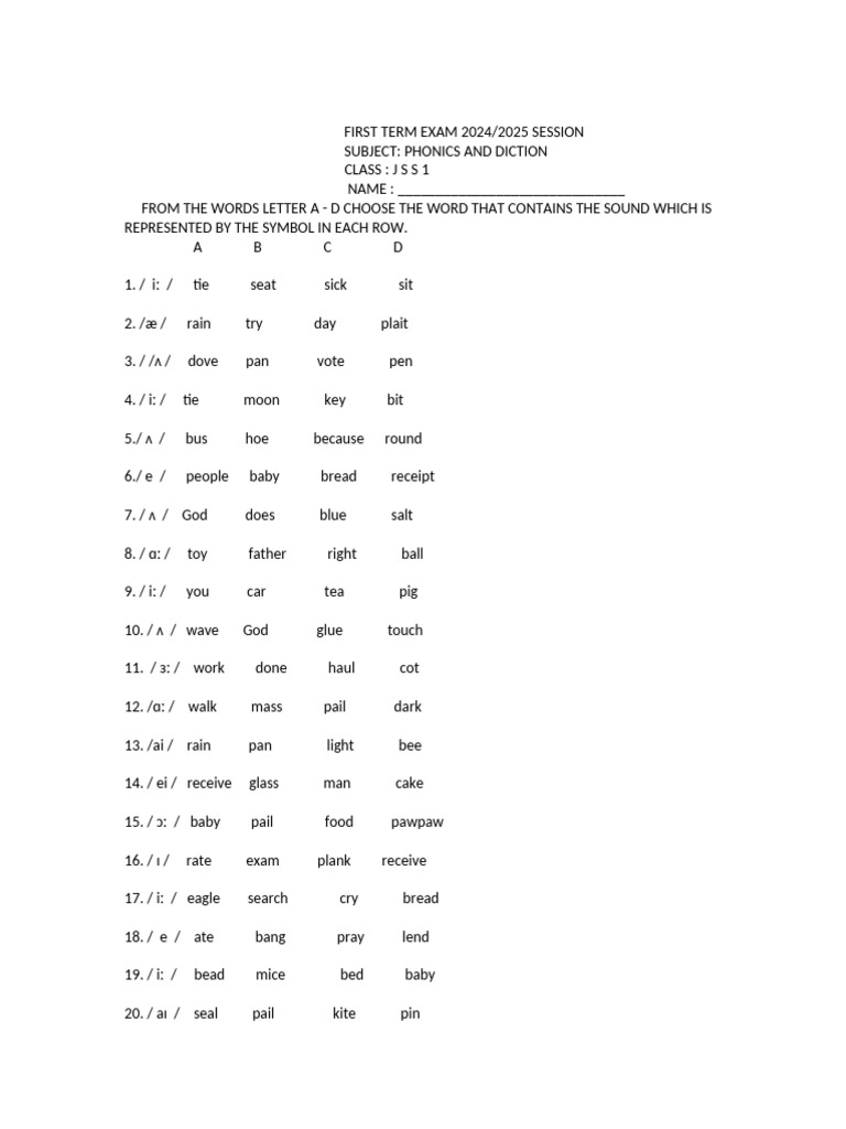 Phonics Exam, jss1, First Term, 24 | PDF | Language Arts & Discipline