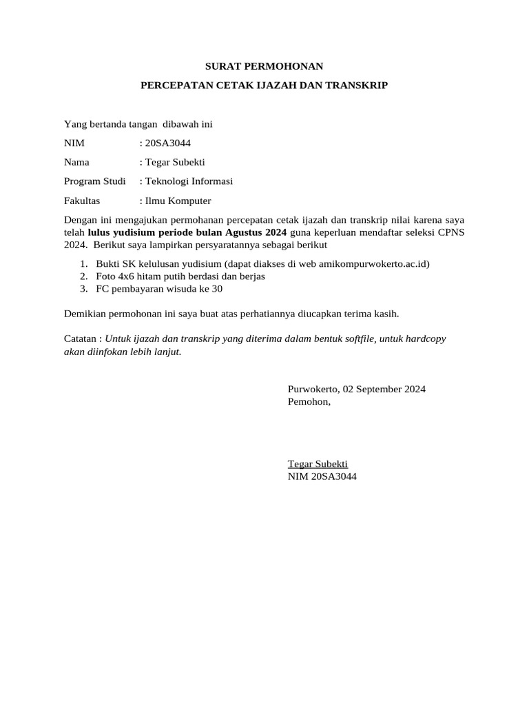 Surat Permohonan Percepatan Cetak Ijazah | PDF
