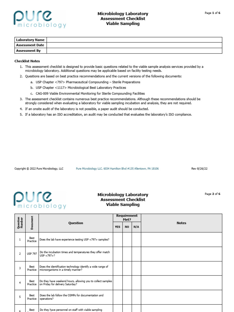 Pure Microbiology Lab Checklist 8.26.22 1 | PDF | Laboratories ...