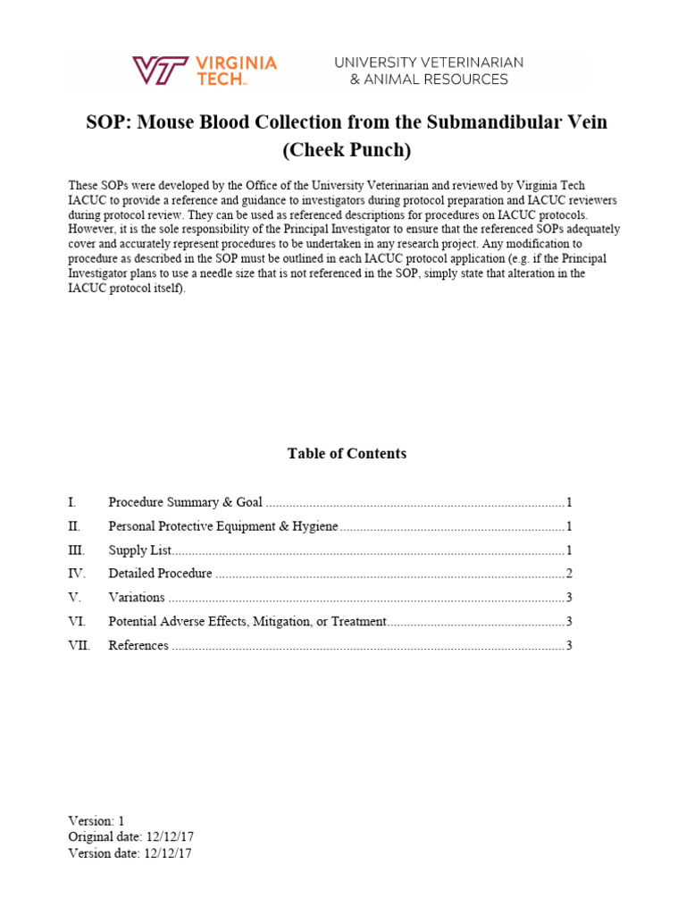 Submandibular Blood Collection in Mice | PDF | Vein | Blood