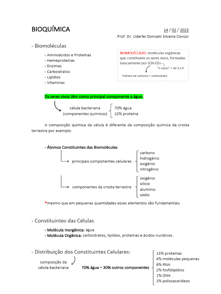 Bioquímica Resumo | PDF | Propriedades da água | Ligação de hidrogênio