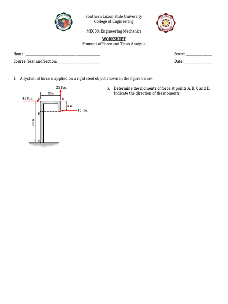 Worksheet-Moment-of-Force-and-Truss-Analysis-1 | PDF