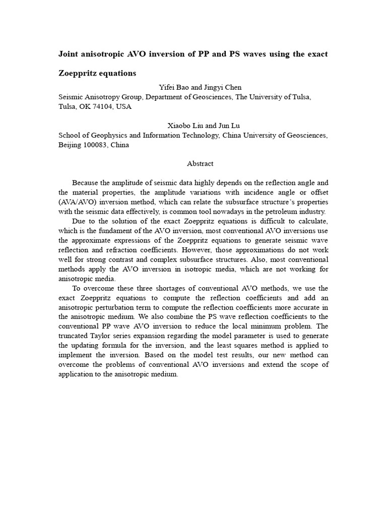 Joint Anisotropic AVO Inversion of PP and PS Waves Using The Exact Zoeppritz Equations | PDF