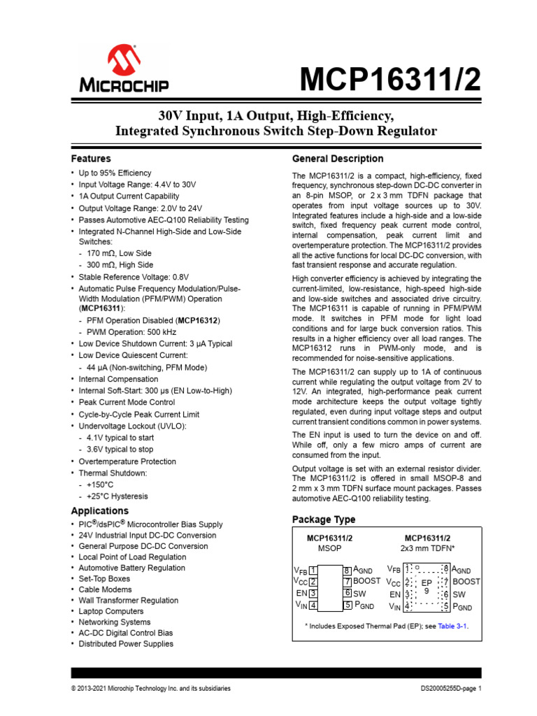 MCP16311 2 30V Input 1A Output High Efficiency Integrated Synchronous Switch Step Down Regulator ...