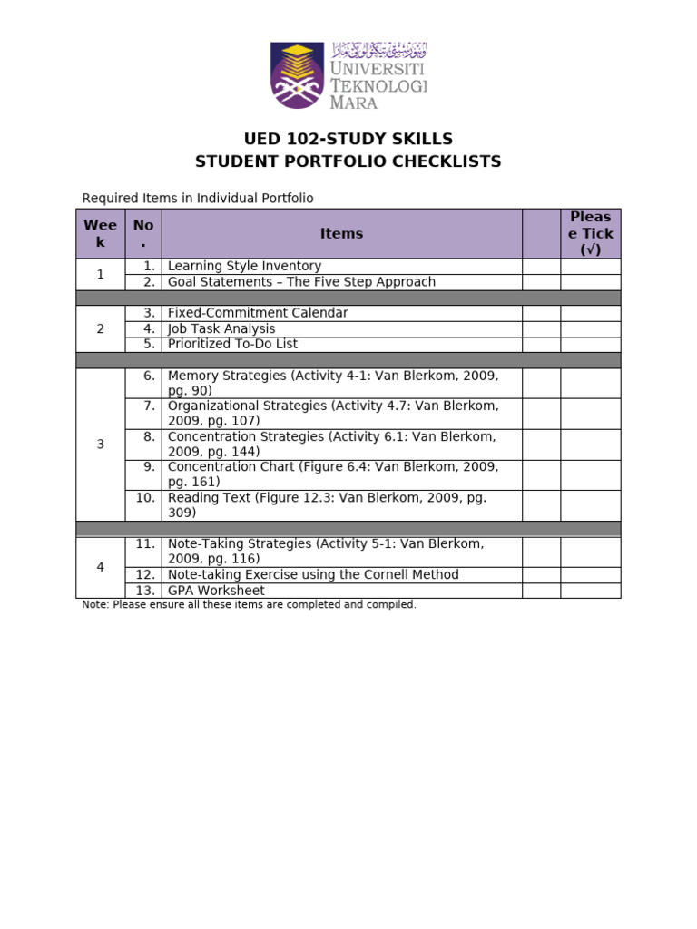 UED 102 Study Skills Checklist | PDF | Computers
