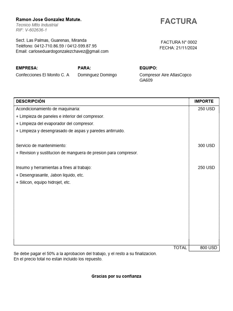 Factura y Reporte Compresor | PDF | Gases | Líquidos