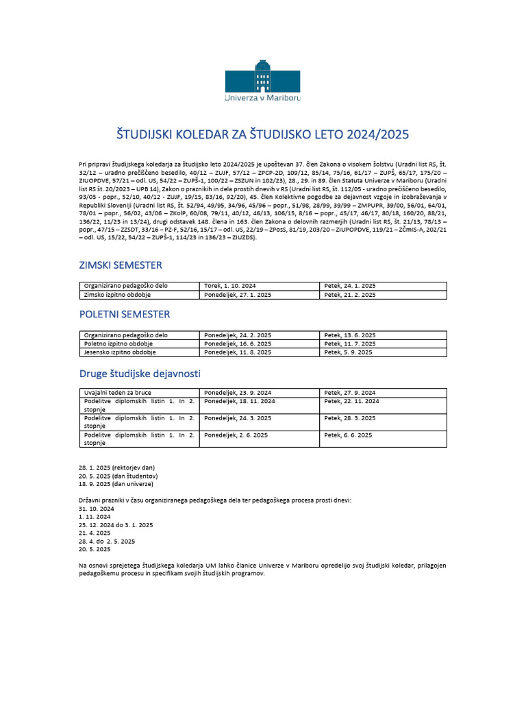 Studijski Koledar 2024 2025 | PDF