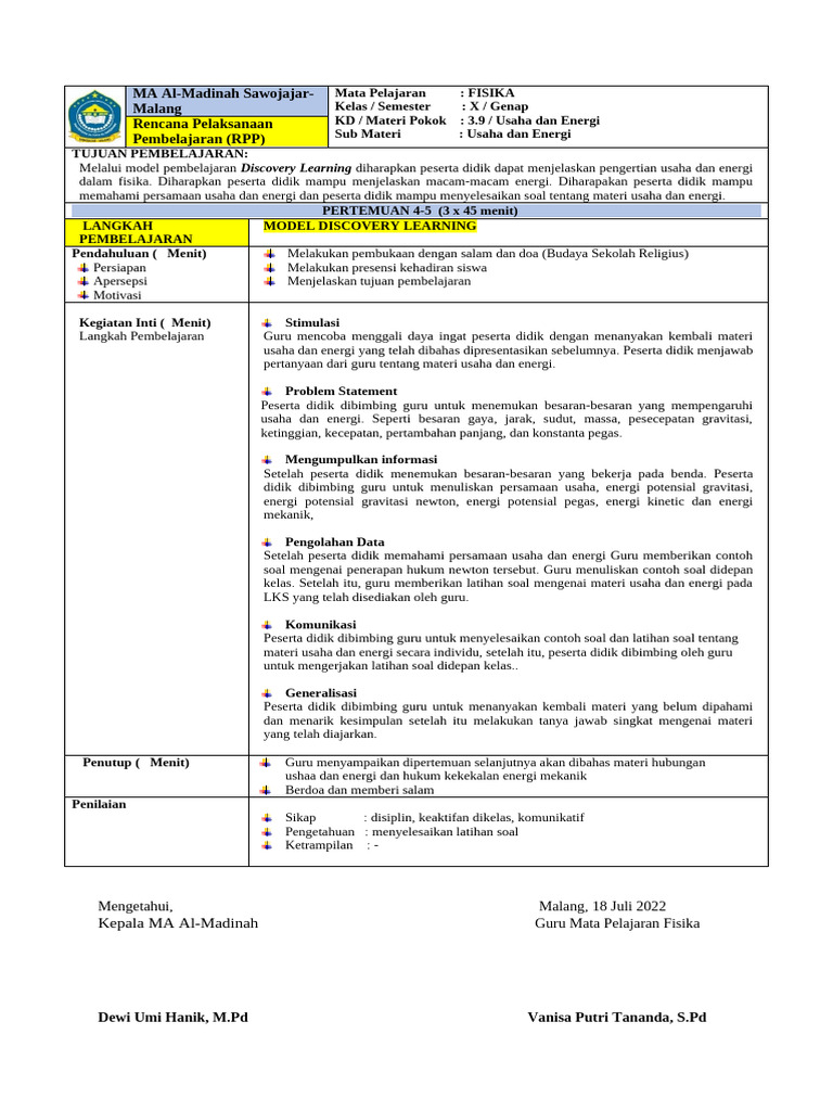 11RPP Usaha Dan Enrgi 4-5 06,08-03-2023 | PDF | Karier & Perkembangan