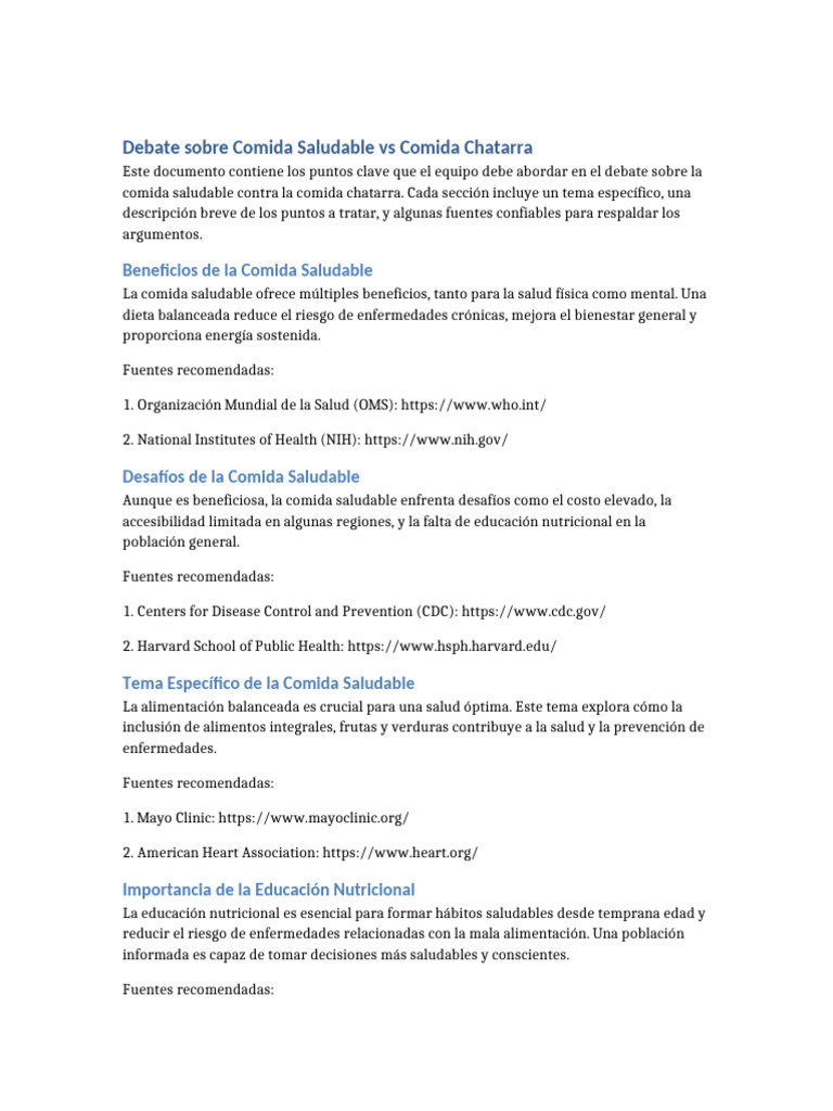 Debate Comida Saludable Vs Comida Chatarra Sin Nombres | PDF
