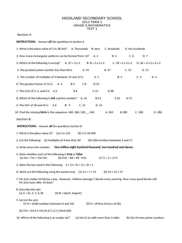Grade 8 Math Test - Highland Secondary | PDF | Mathematical Objects ...