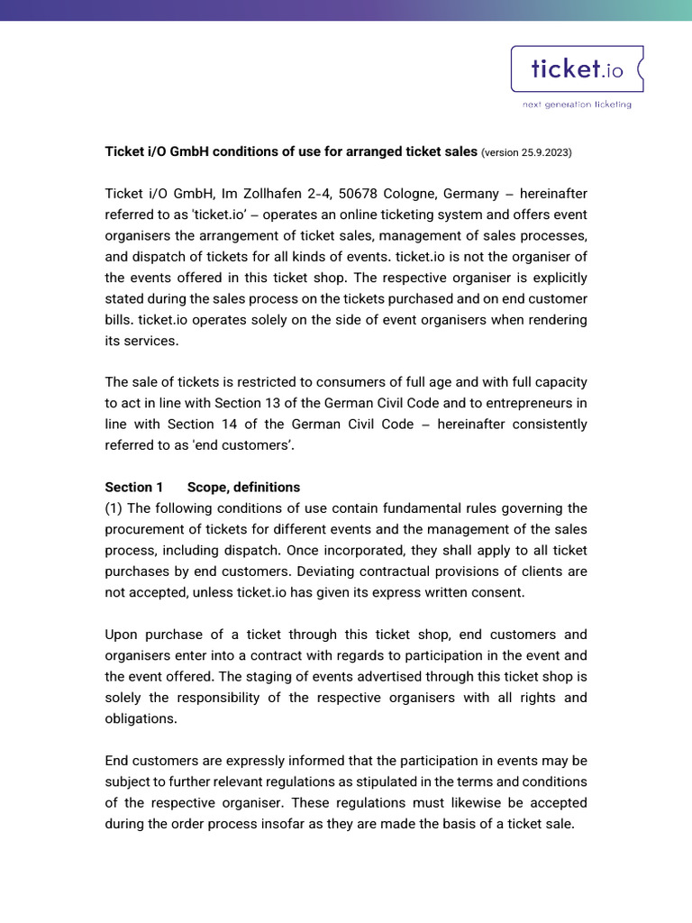 Ticket i/O GmbH Sales Conditions 2023 | PDF | Legal Liability | Debit Card