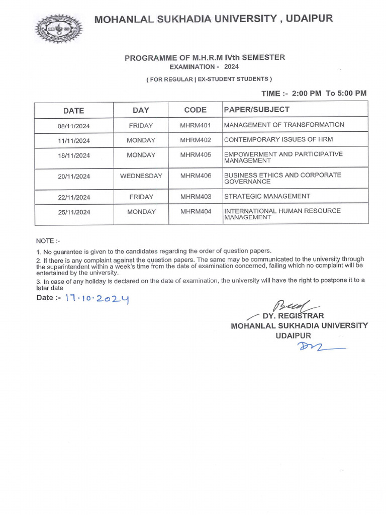 Time Table of M.H.R.M. IVth Semester Examination 2024 (For Regular, Ex-Student) | PDF