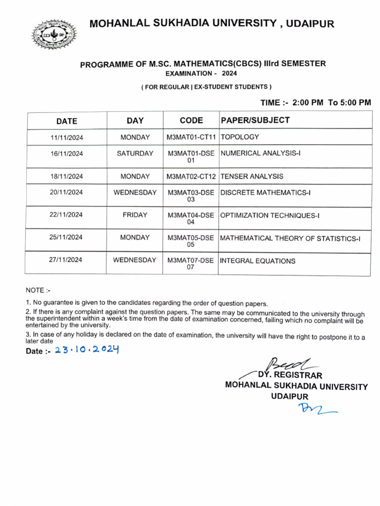 Time Table of M.sc. Mathematics (CBCS) Illrd Semester Examination 2024 ...