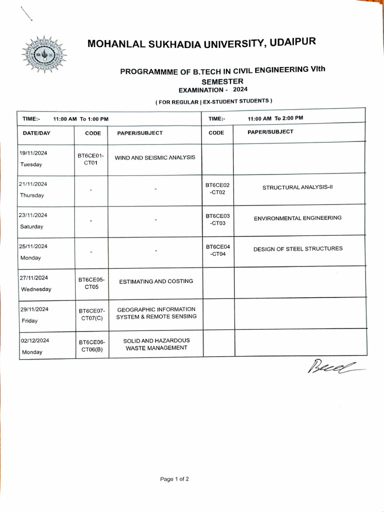Time Table of B.tech in Civil Engineering Vith Semester Examination ...