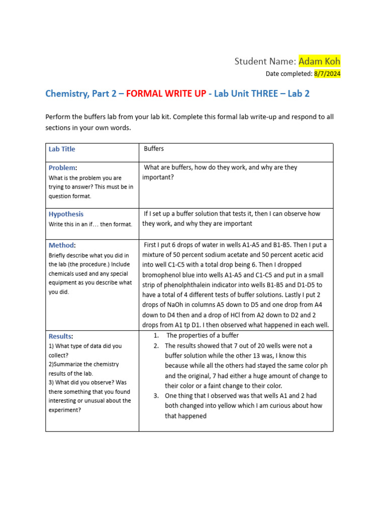 Adam Koh ChemPt2-Unit3 Lab#2 Buffers | PDF | Buffer Solution | Ph