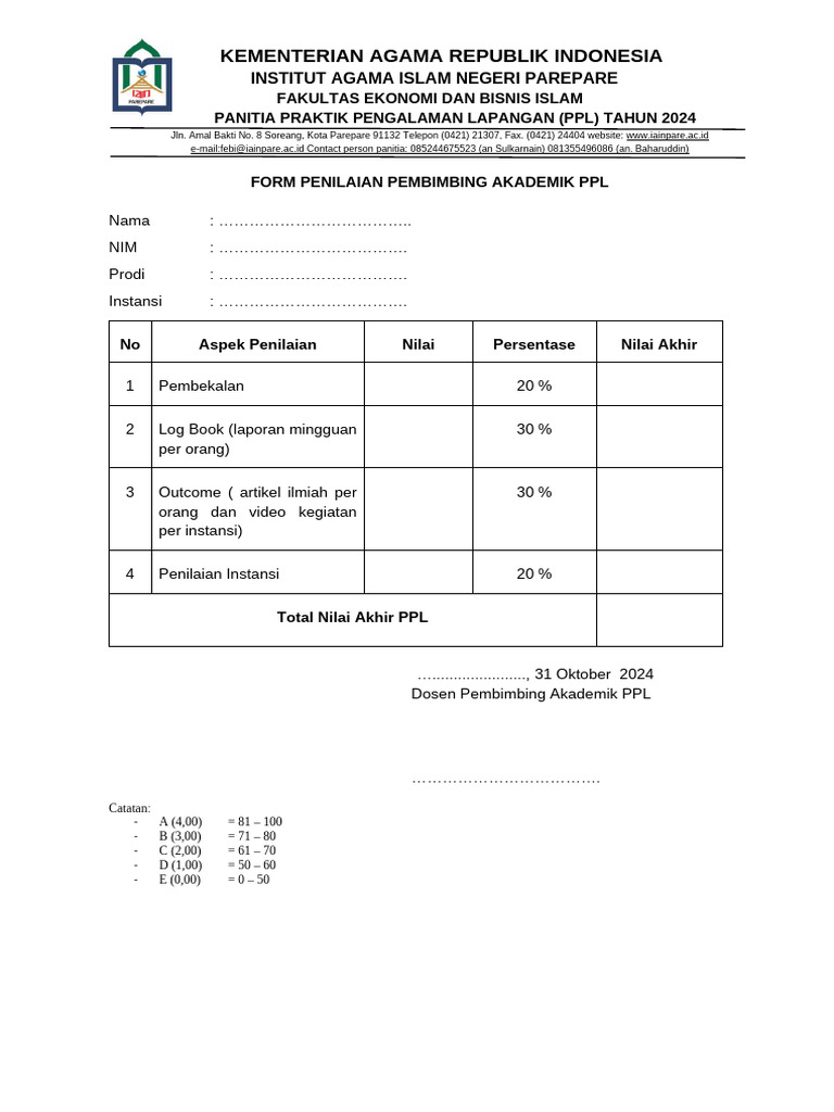 Form Penilaian DPL PPL Febi Tahap Ii Tahun 2024 | PDF | Seni | Komputer