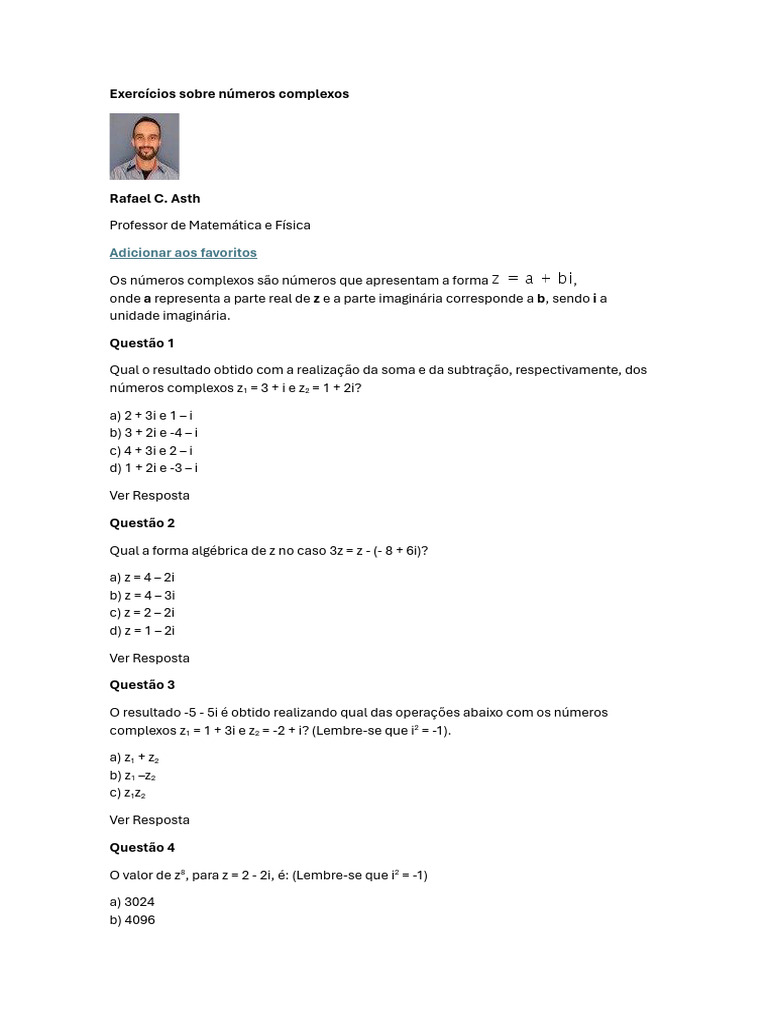 Exercícios Sobre Números Complexos | PDF