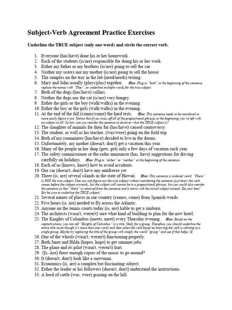 Subject Verb Agreement Worksheet | PDF | Subject (Grammar) | Verb