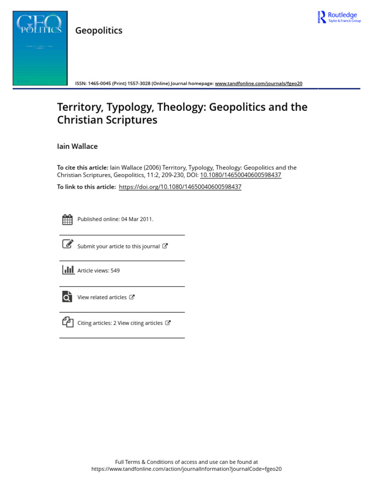 Territory Typology Theology Geopolitics and The Christian Scriptures ...