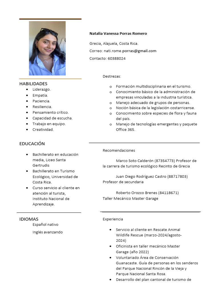 Natalia Vanessa Porras Romero. CV | PDF | Turismo | Costa Rica