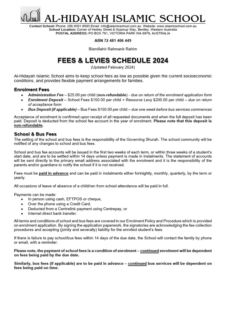 AHIS Fee Structure - Updated February 2024 | PDF | Payments | Money