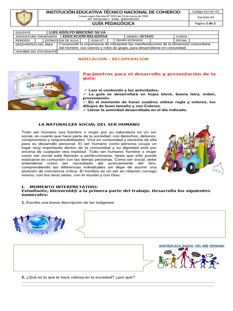 Nivelación - Recuperación de Religión Primer Periodo Grado Octavo 2024 ...