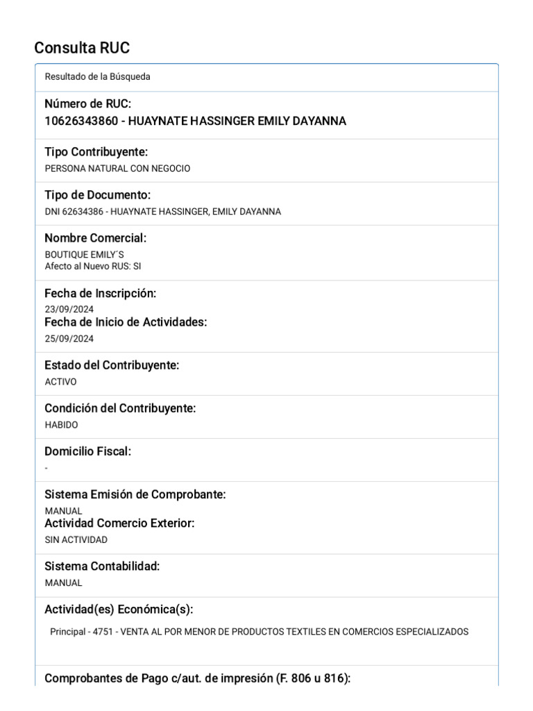 Sunat - Consulta Ruc-Emily Dayanna Huaynate Hassinger | PDF