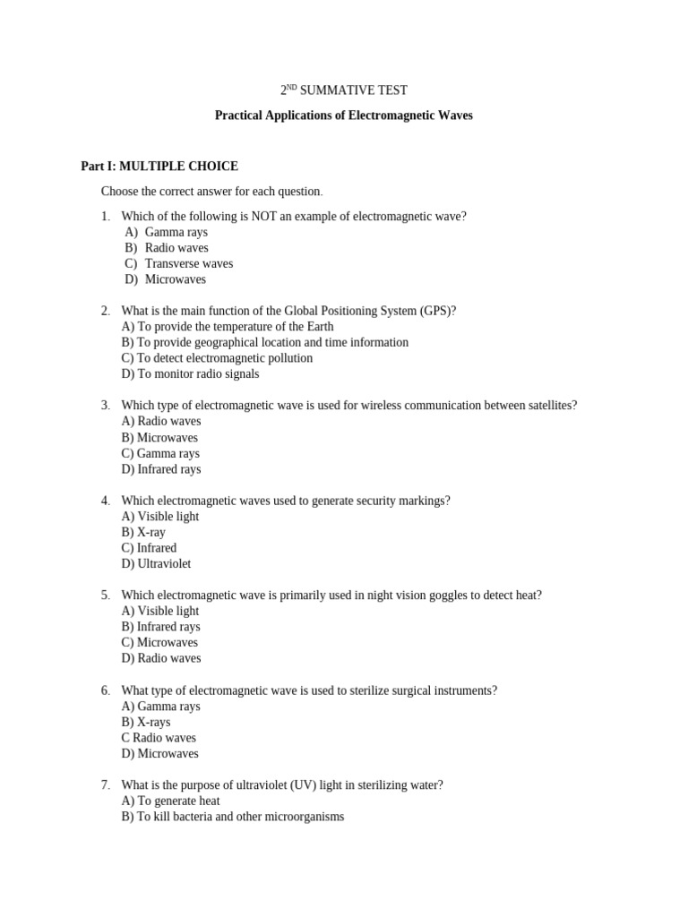 Summative Test With Answer Key (Practical Application of em Waves ...