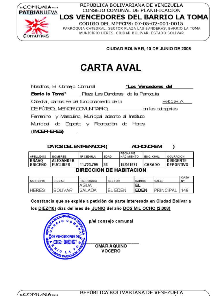 49450197 Consejo Comunal Formato Modelo Ejemplo Carta Aval | Blog | Gobierno | Uji Coba Gratis ...
