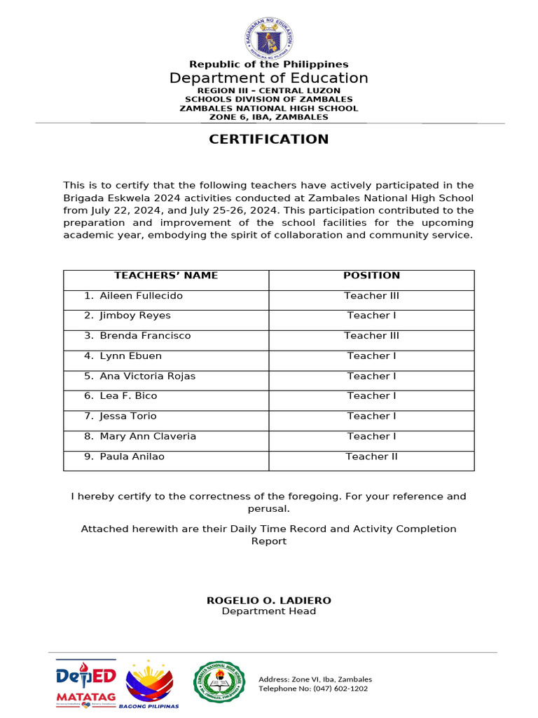 Brigada Eskuwela Certification | PDF